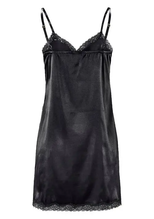 LASCANA Lace Trim Satin Nightgown - Black