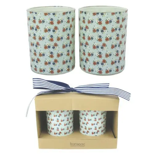 TRANSPAC Glass Juice Cups Floral Set Of 2 Wood Multicolored For Spring Serving And Entertaining - Beige