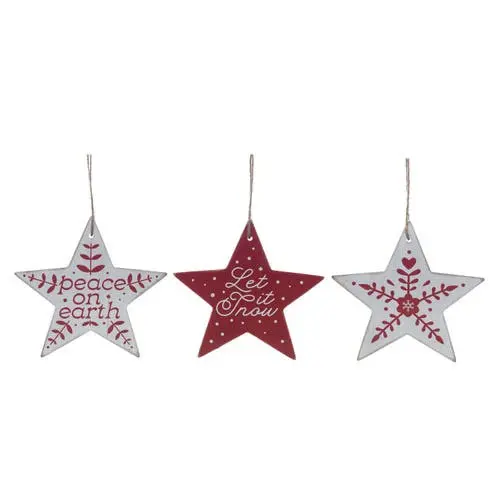 TRANSPAC Mdf Red White Star Shaped Ornament Set Of 3 Christmas Decor