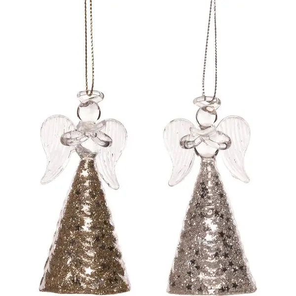 TRANSPAC Glass Metallic Angel Ornament Set Of Two Christmas Decor - Multicolored