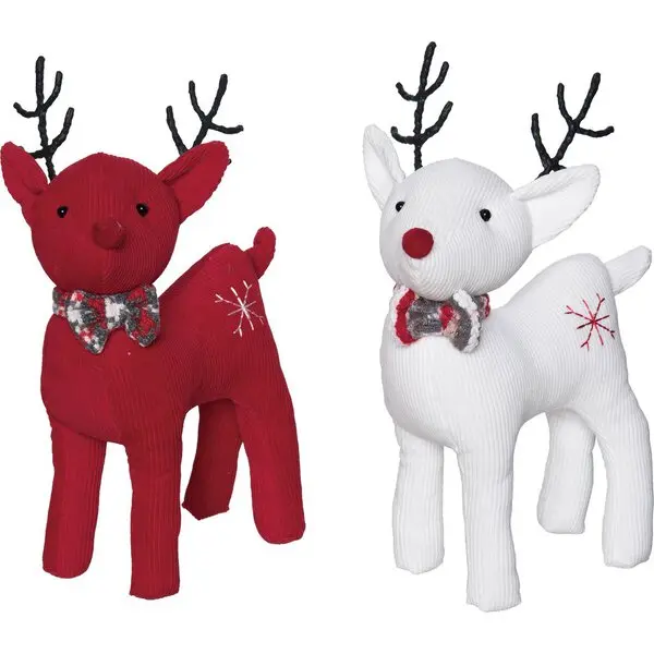 TRANSPAC Christmas Pstuffed White Red Reindeer Set Of 2 Decorations