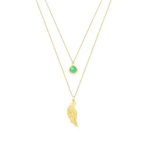 SEVEN SAINTS Archangel Raphael Angel Of Healing Layered Necklace With Green Agate And Angel Wing Charm - Gold