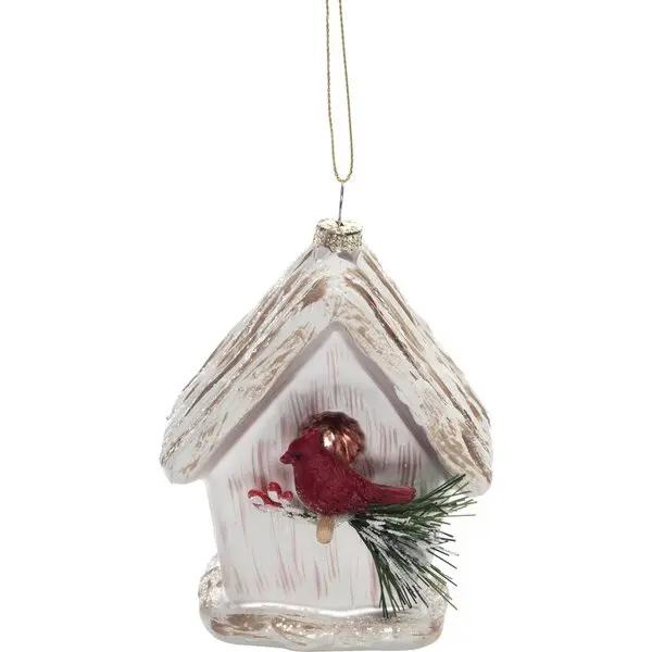 TRANSPAC Cream Glass Woodland Cardinal Bird House Ornament Christmas Tree - Beige