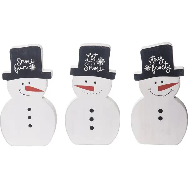TRANSPAC Wood Multicolor Christmas Happy Snowman Table Decoration Set
