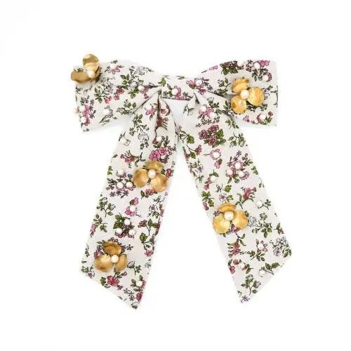 ADIBA Cherry Blossom Fabric Barrette With Gold Tone Embellishments And Pearls - Pink