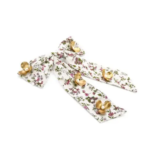 ADIBA Cherry Blossom Fabric Barrette With Gold Tone Embellishments And Pearls