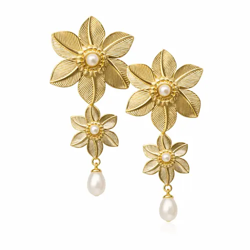 ADIBA Magnolia Bloom Drop Earrings With Pearl - Gold