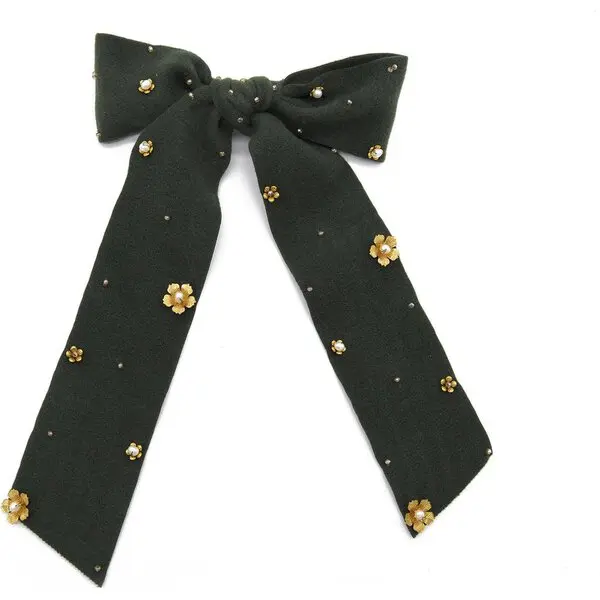 ADIBA Zinnia Handmade Barrette With Pearls And Gold Flower Embellishments - Green