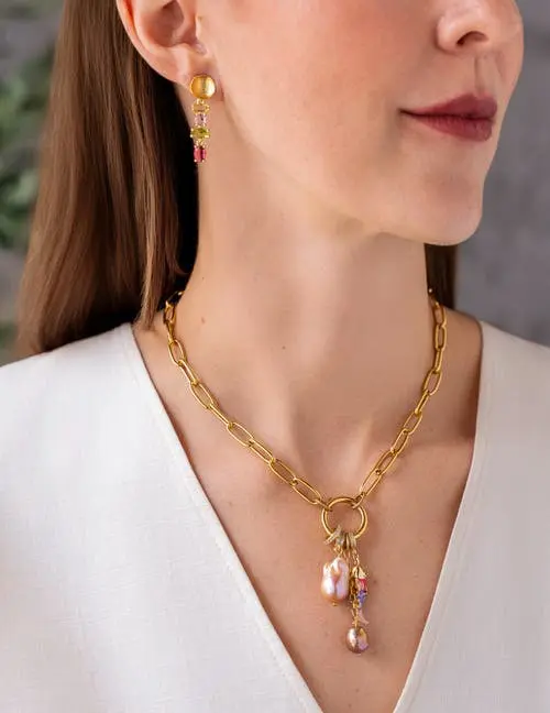 LONI PAUL JEWELRY Baroque Pearl Charm Cluster Necklace - Gold