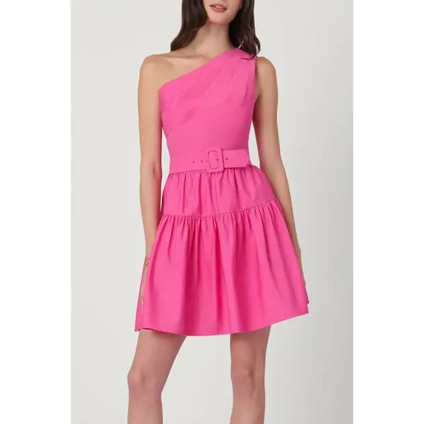 Shoshanna Cotton Faille Asymmetrical Neckline Mini Dress - Fuchsia