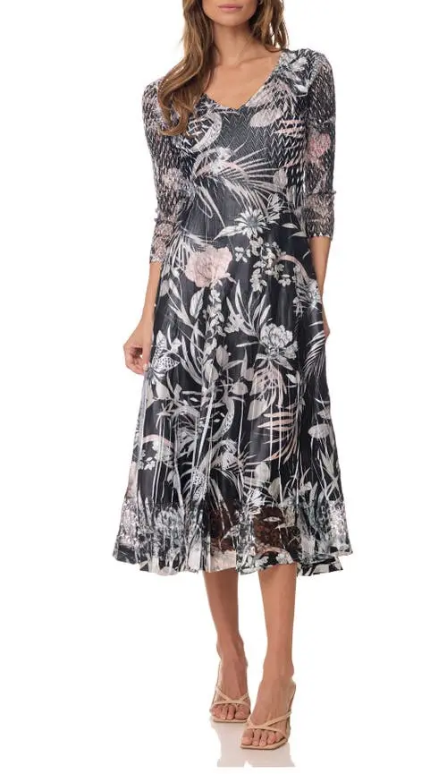 Komarov Tea Length Dress With Lace Details - Shaded Tropic
