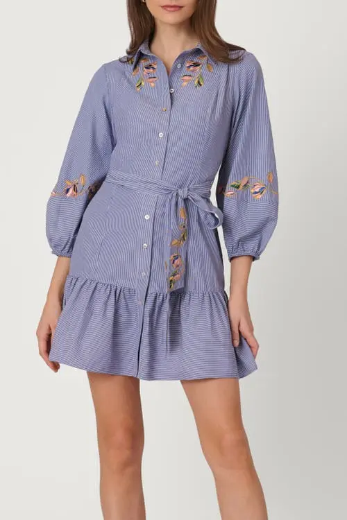 Shoshanna Embroidered Pinstripe Shirt Dress - Lapis Multi
