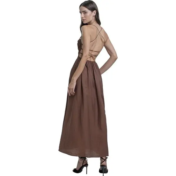 MOTHER OF ALL Taylor Dress Ruched Bodice, Open Lace-up Back, Midi/maxi - Brown