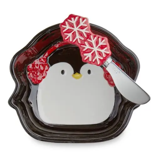 TAG Christmas Penguin Bowl & Snowflake Spreader Set Multi Earthenware 21 Oz