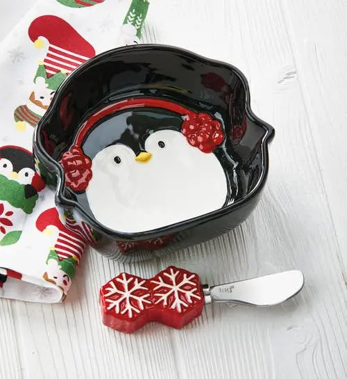 TAG Christmas Penguin Bowl & Snowflake Spreader Set Multi Earthenware 21 Oz
