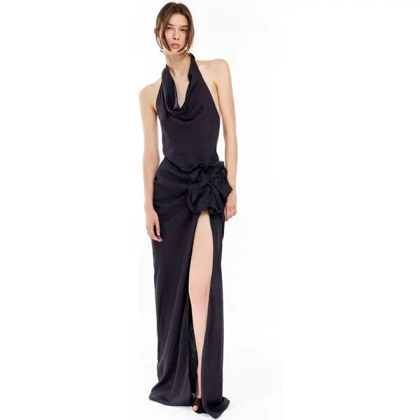 MOTHER OF ALL Patsy Maxi Dress With Halterneck And 3d Floral Detail - Black