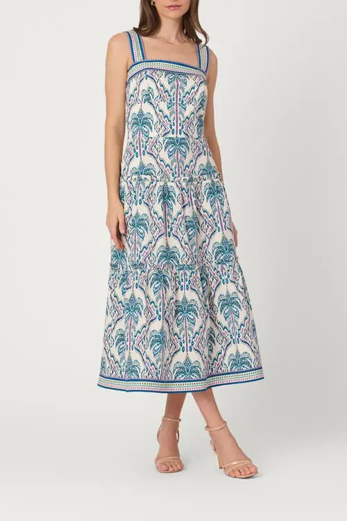 Shoshanna Balinese Palm Print Brook Midi Dress - Ivory/blue Multi