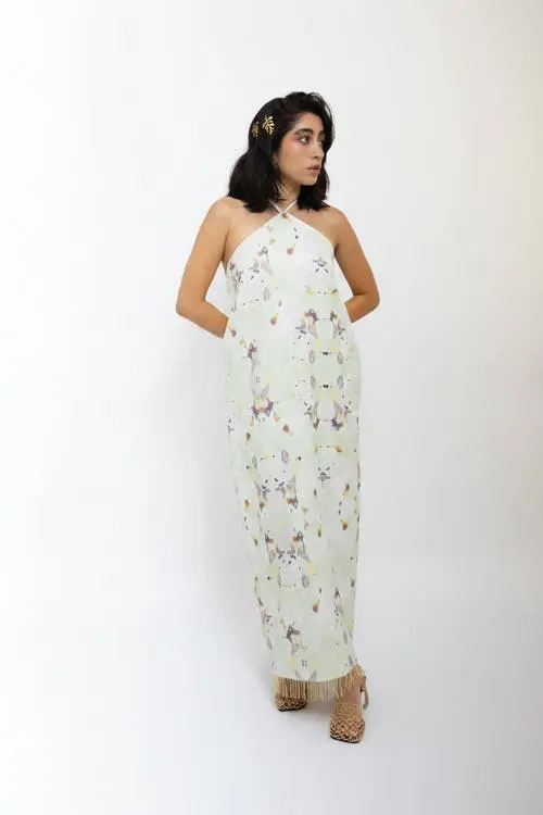 SAN MALO Camellia Printed Halterneck Midi Dress With Fringe Hem