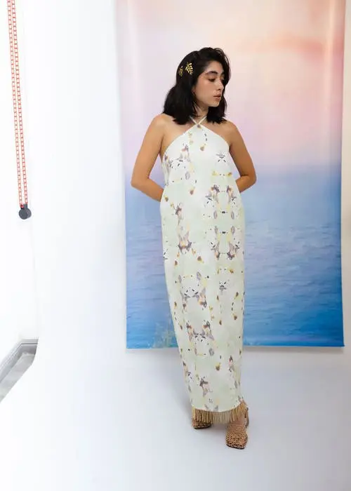 SAN MALO Camellia Printed Halterneck Midi Dress With Fringe Hem