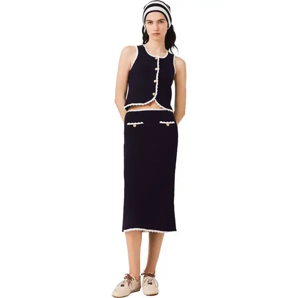 Maje Midi Skirt With Crochet Trim - Navy