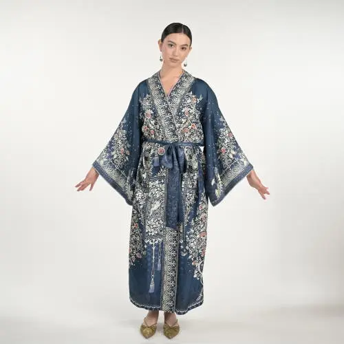SILK&SOUL Tree Of Life Silk Robe - Blue