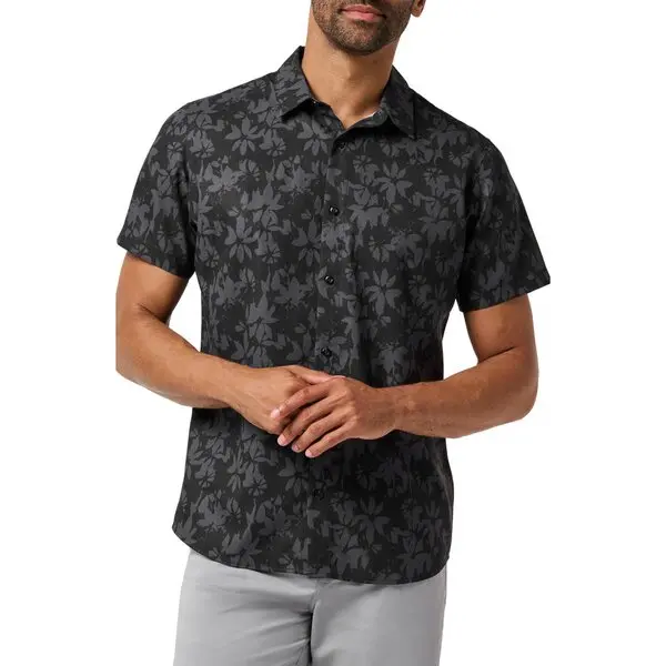 Travis Mathew Techwoven Founder Floral Short Sleeve Performance Button-up Shirt - Black