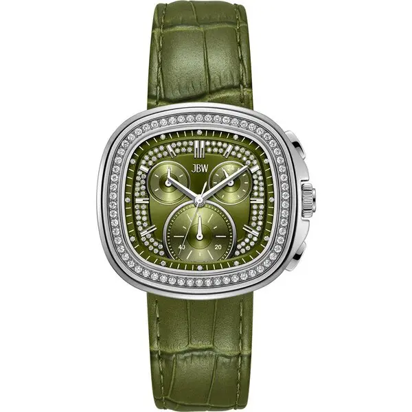 JBW Coast Chronograph Leather Strap Watch - Silver/green