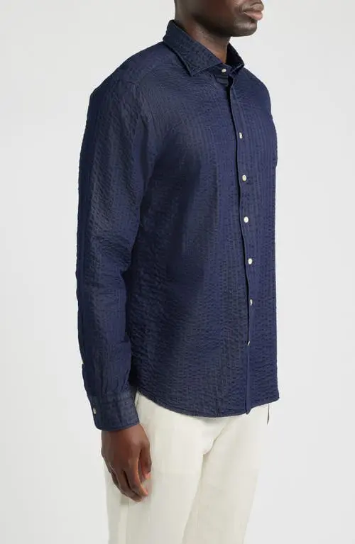 EMANUEL BERG Crinkle Stripe Cotton Denim Button-up Shirt