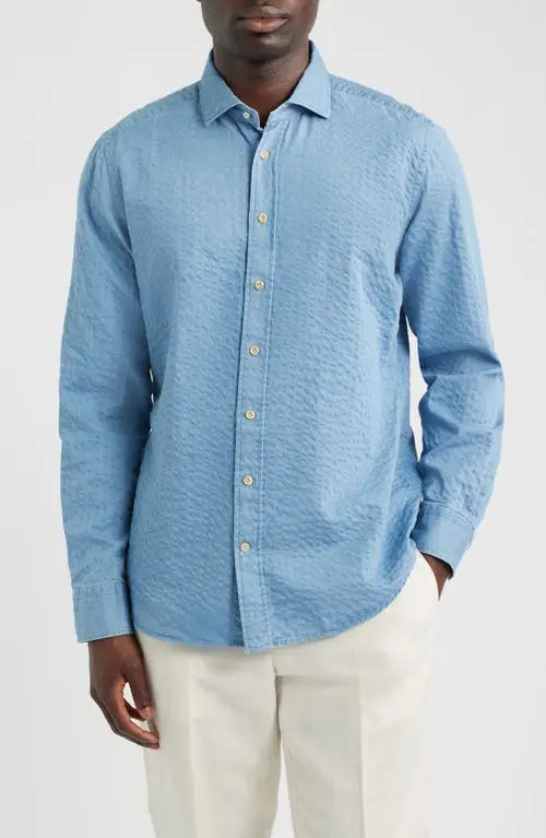 EMANUEL BERG Crinkle Stripe Cotton Denim Button-up Shirt - Medium Blue