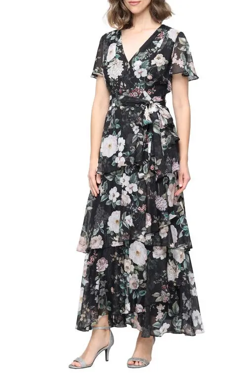 SL FASHIONS Metallic Floral Chiffon Gown - Black Multi