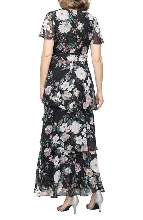 SL FASHIONS Metallic Floral Chiffon Gown