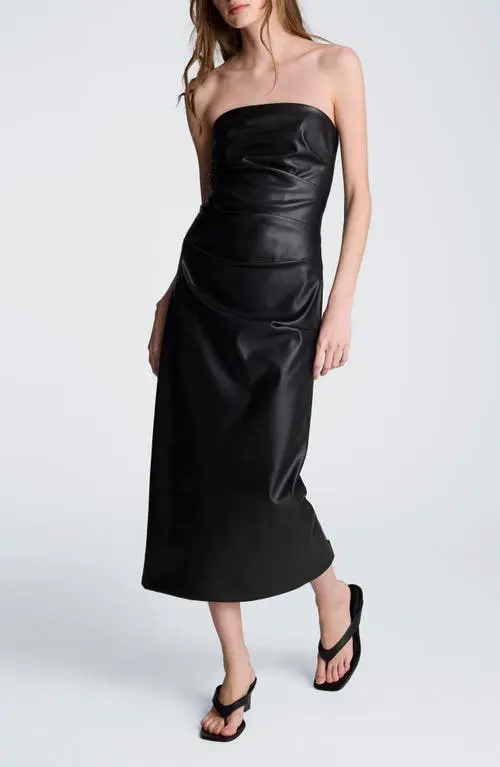 KENNETH COLE Ruched Strapless Faux Leather Midi Dress