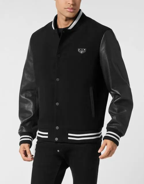 Philipp Plein Skull Stone Embellished Leather Sleeve Bomber Jacket
