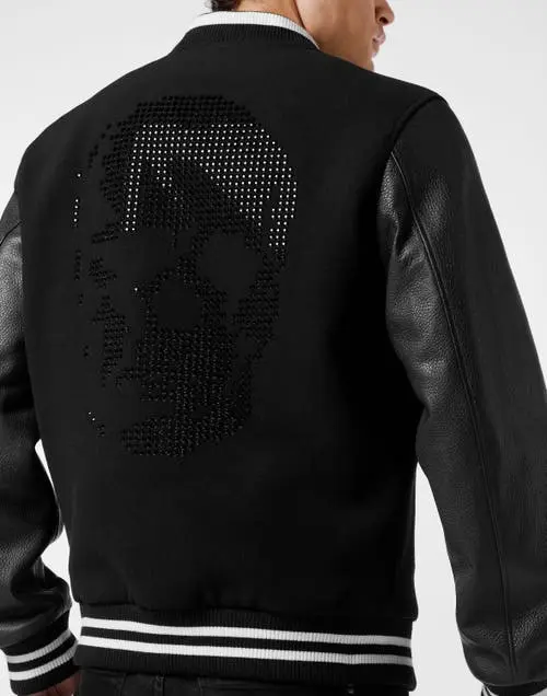 Philipp Plein Skull Stone Embellished Leather Sleeve Bomber Jacket