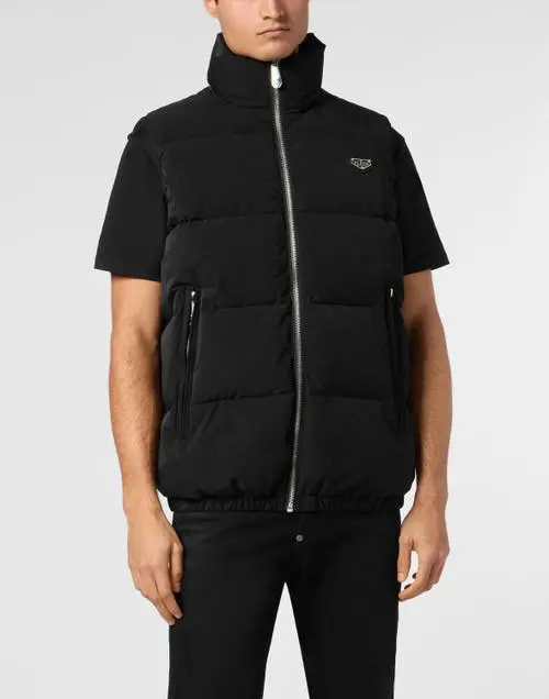 Philipp Plein Quilted Nylon Down Vest With High Collar - Black