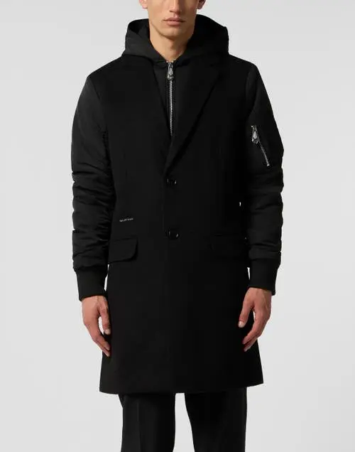 Philipp Plein Single Breasted Hooded Coat - Black