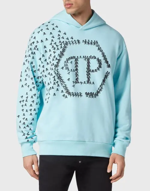 Philipp Plein Skull & Bones Cotton Fleece Hoodie - Lightblue