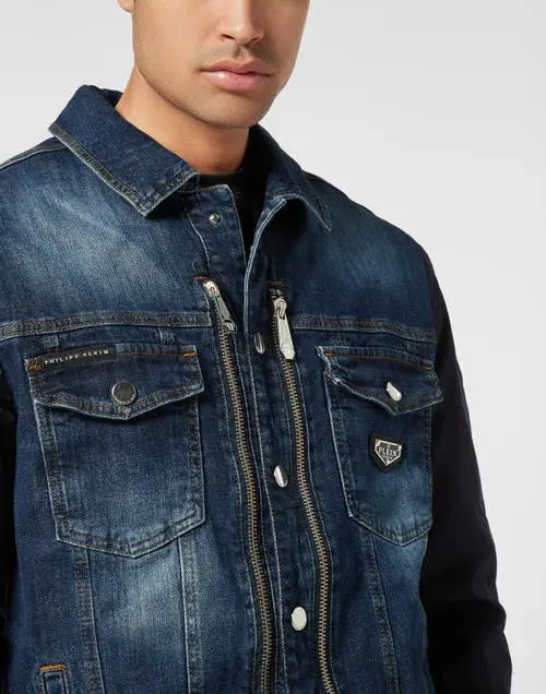 Philipp Plein Denim Zip Jacket With Contrast Sleeves
