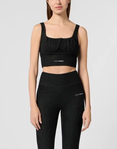 PLEIN SPORT Denim Cropped Top With Gathered Neckline - Black