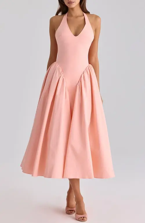 House Of Cb Marilyn Halter Neck Stretch Cotton Midi Sundress - Peach