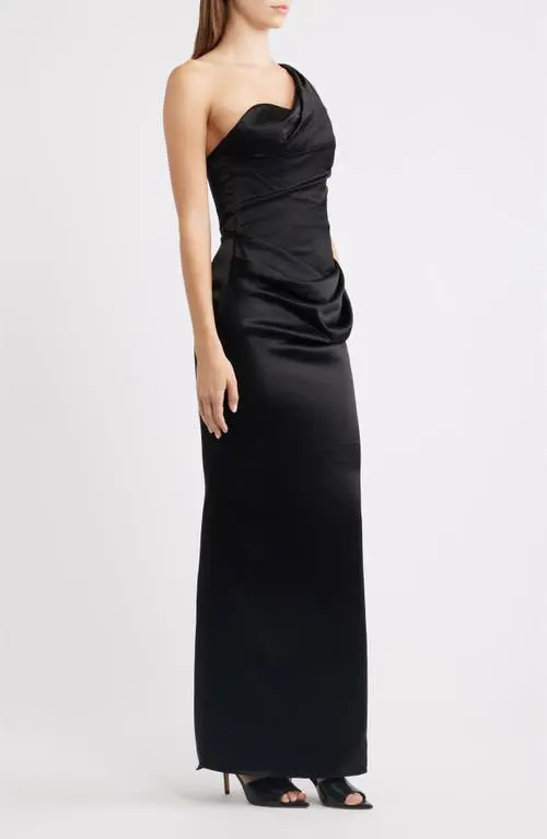 House Of Cb Caprice One-shoulder Satin Gown - Black