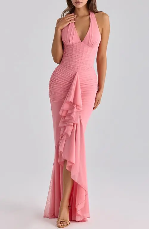 House Of Cb Carmine Mesh Halter Neck Waterfall Gown - Raspberry