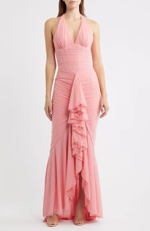 House Of Cb Carmine Mesh Halter Neck Waterfall Gown - Raspberry
