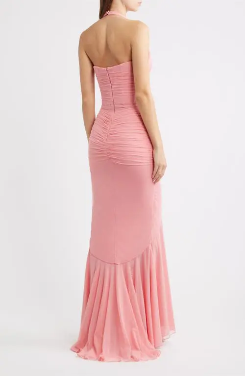 House Of Cb Carmine Mesh Halter Neck Waterfall Gown