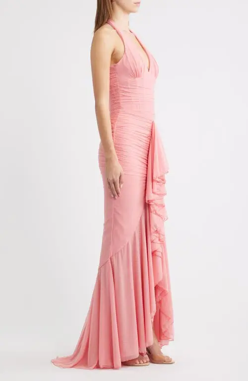 House Of Cb Carmine Mesh Halter Neck Waterfall Gown
