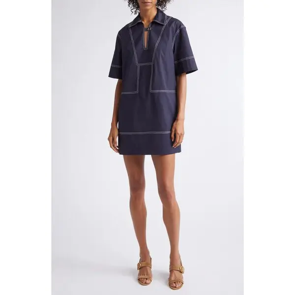 Veronica Beard Phelix Poplin Shift Minidress With Contrast Stitching - Navy