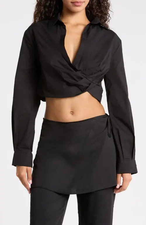 House Of Cb Ivara Drape Waist Long Sleeve Stretch Cotton Top - Black