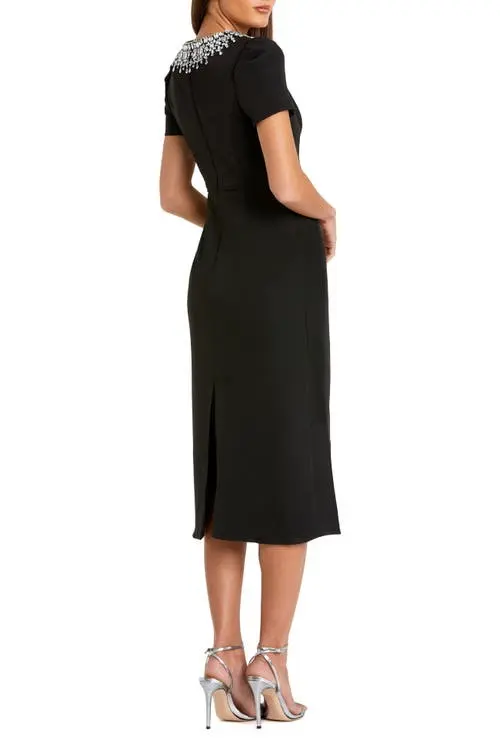 Mac Duggal Petite Short Sleeve Midi Dress With Embellished Neckline - Black