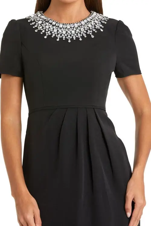 Mac Duggal Petite Short Sleeve Midi Dress With Embellished Neckline - Black