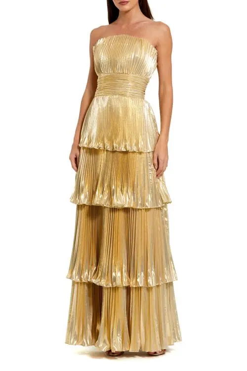 Mac Duggal Petite Strapless Metallic Pleated Gown - Gold